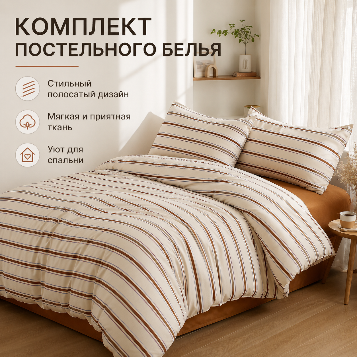 Комплект постельного белья Dreamreal из 100% хлопка в синюю полоску, двуспальный (4 предмета)