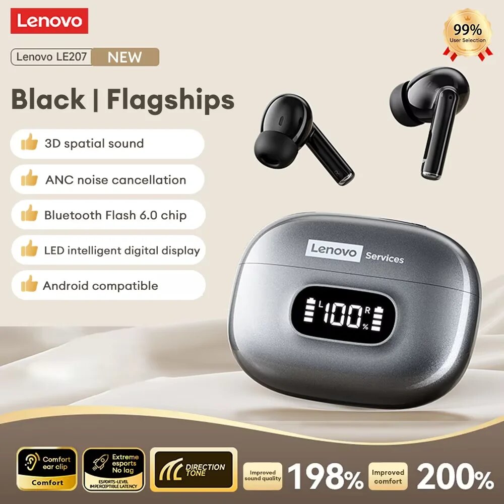 Беспроводные наушники Lenovo LE207 ANC Bluetooth 6.0 Черный, Black