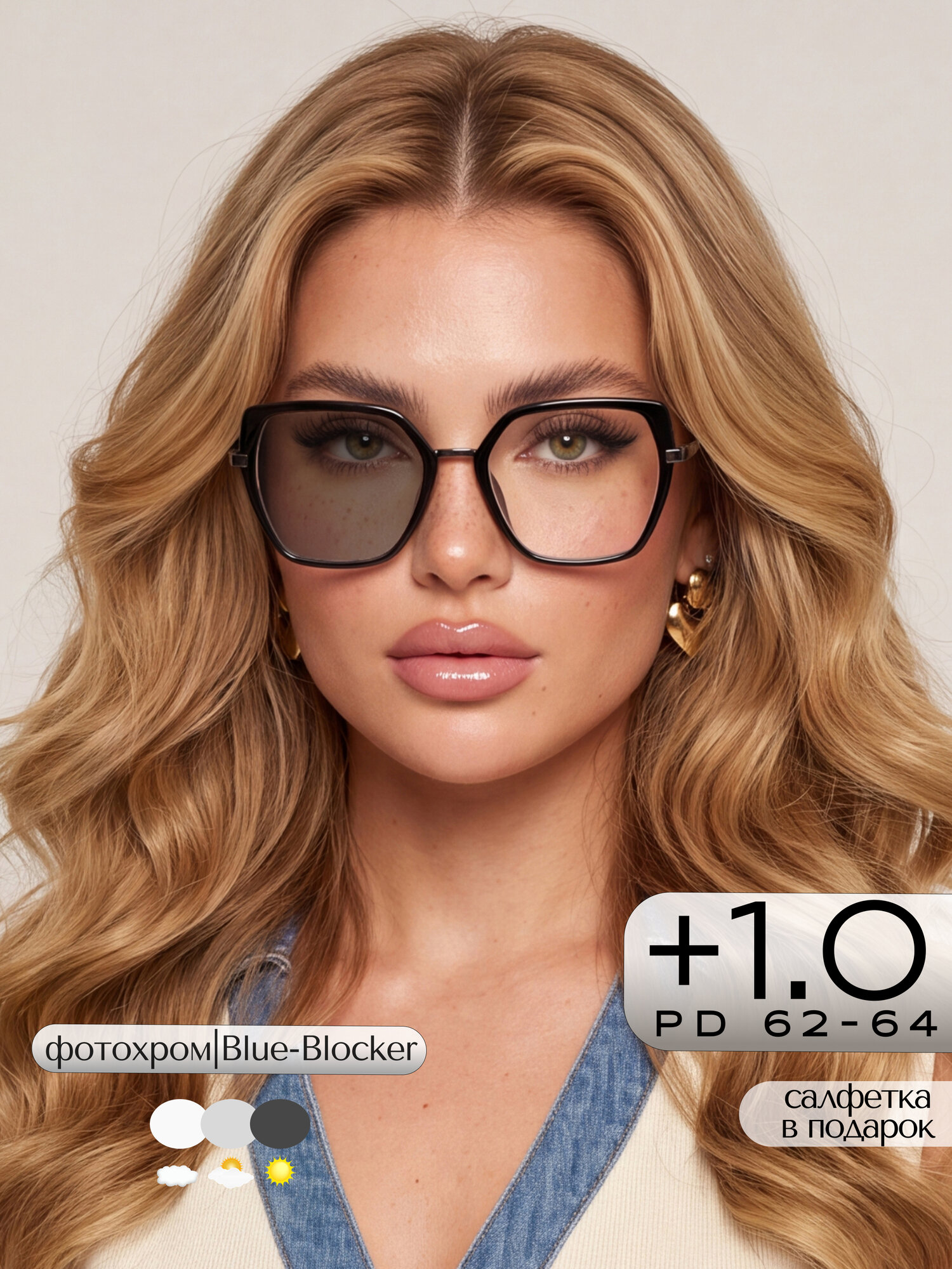 Фотохромные очки для зрения +1 / Готовые очки для чтения +1,0 / Стильные очки хамелеоны с диоптрией +1.0