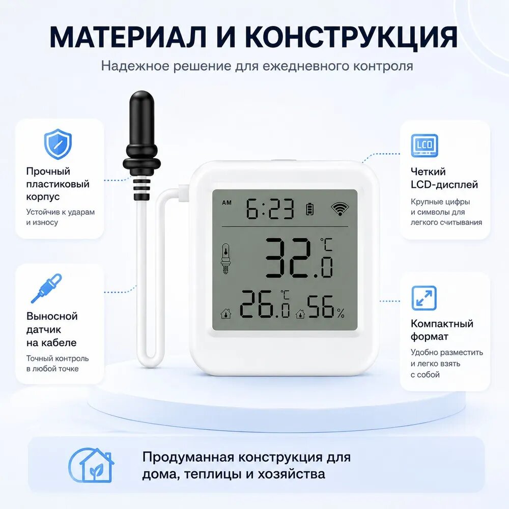 Wi-Fi датчик температуры и влажности с внешним зондом, совместим с Tuya и Smart Life, для дома, теплиц и холодильников, управление через приложение
