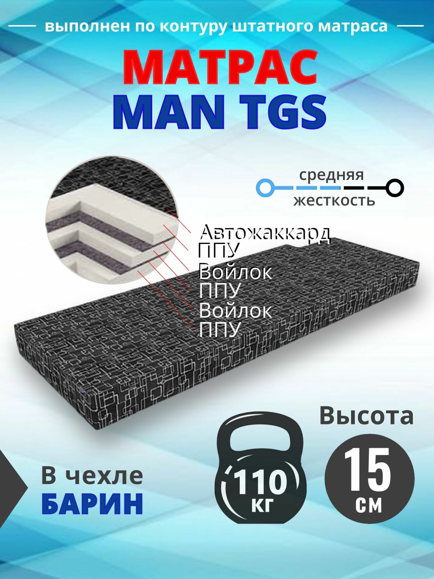 Матрас MAN TGS - 15 см в нижний спальник, беспружинный, замена штатного матраса МАН ТГС, 200x75 см