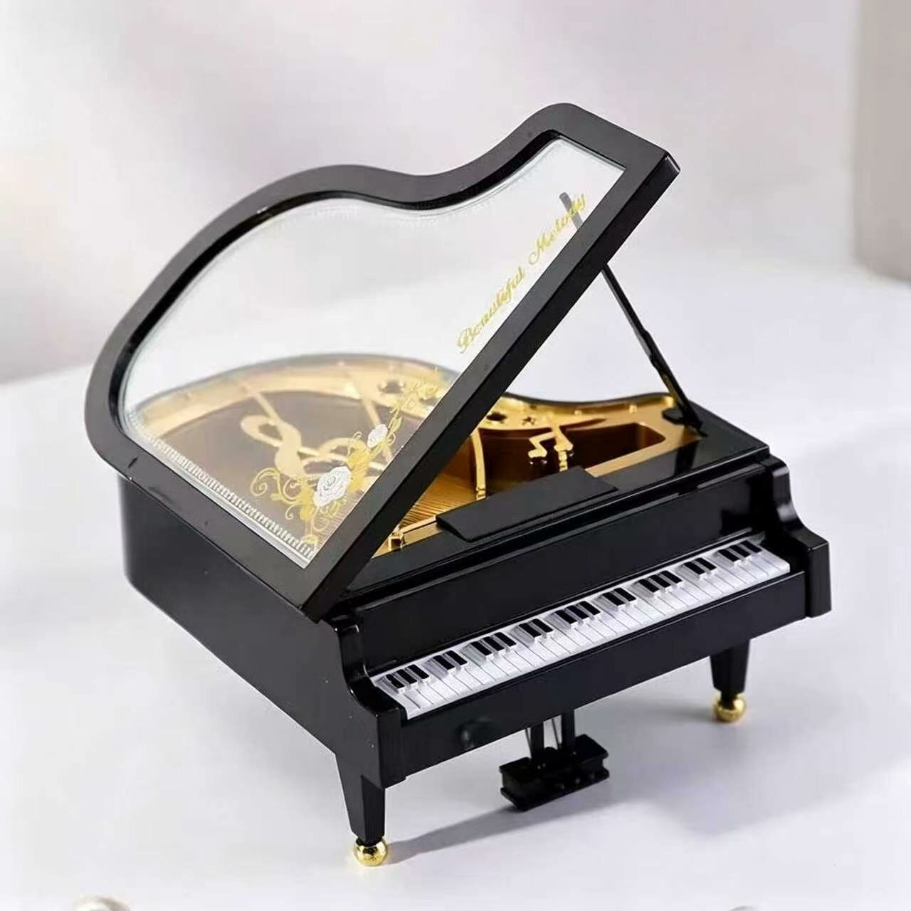 Черная музыкальная шкатулка мини рояль, размер 16×14,5×8,5 см