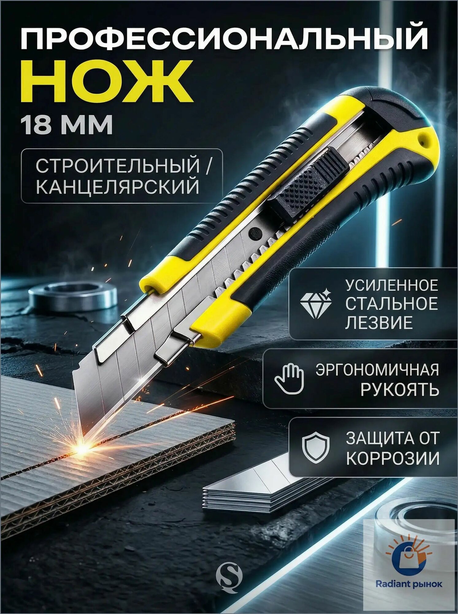 Нож канцелярский 18 мм, строительный нож, прорезиненная ручка, металл направляющая