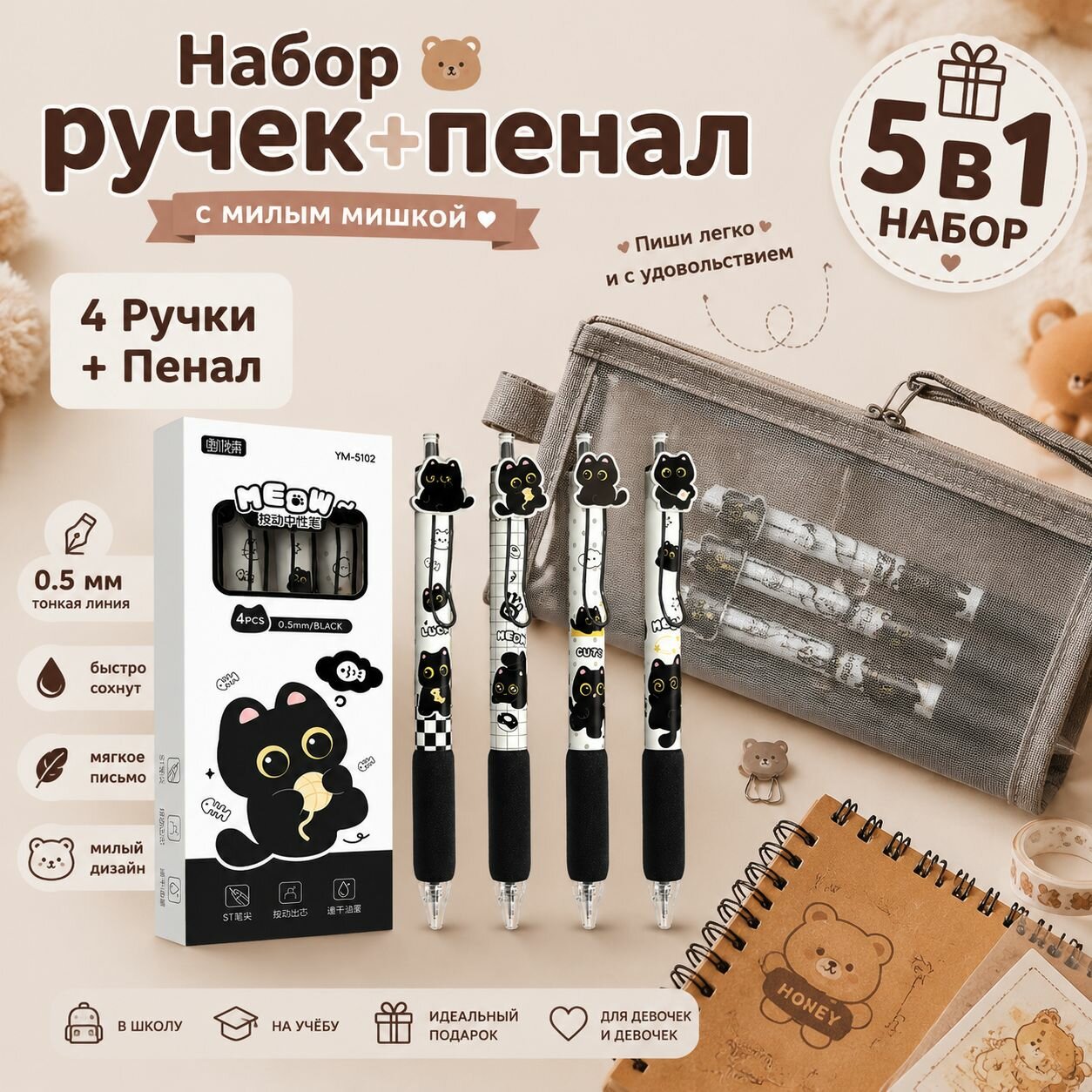 Набор ручек, толщина линии: 0.5 мм, цвет: Черный, 4 шт.