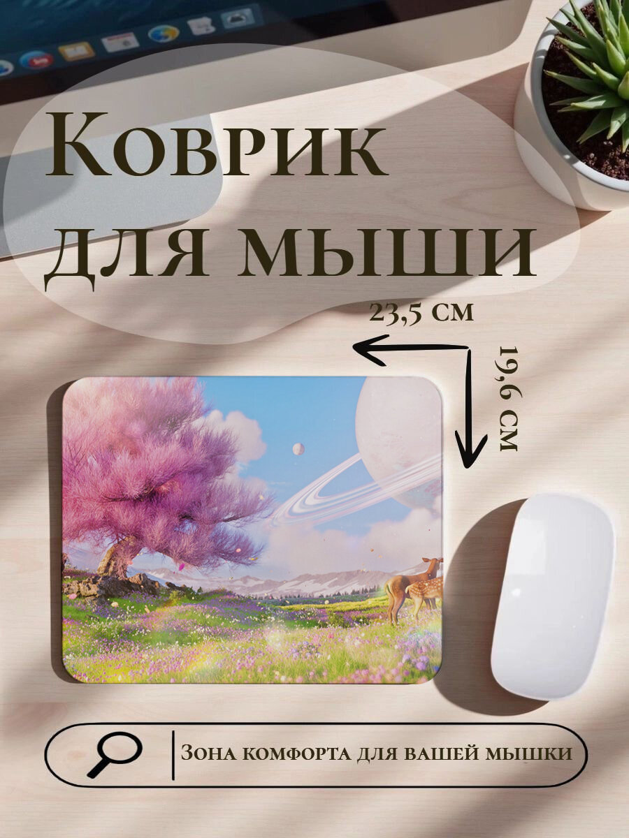 Коврик для мыши волшебный пейзаж Сатурн розовое дерево олени