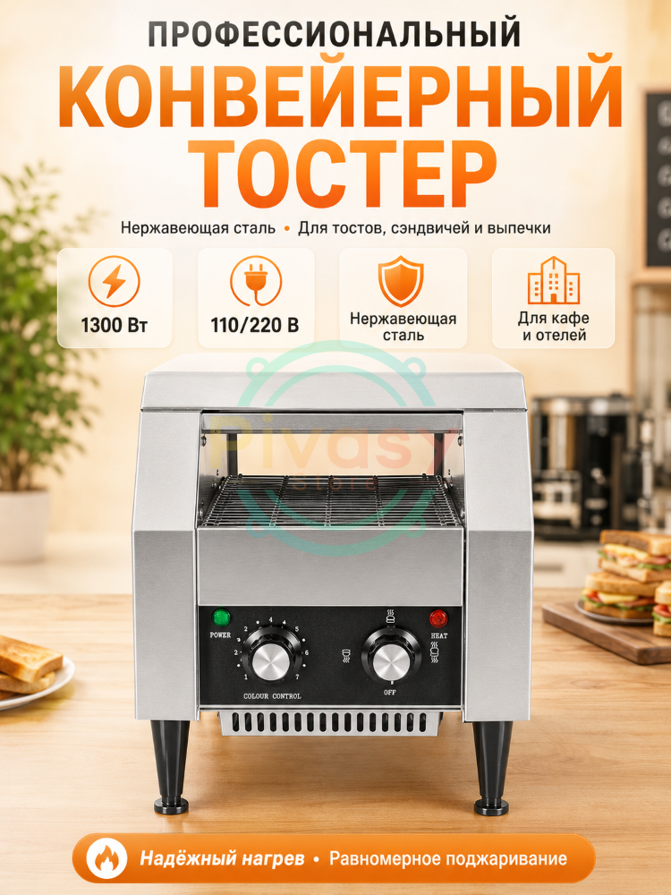 Конвейерный тостер, 1300 Вт, из нержавеющей стали, для разогрева сэндвич-хлеба в гостиничном ресторане