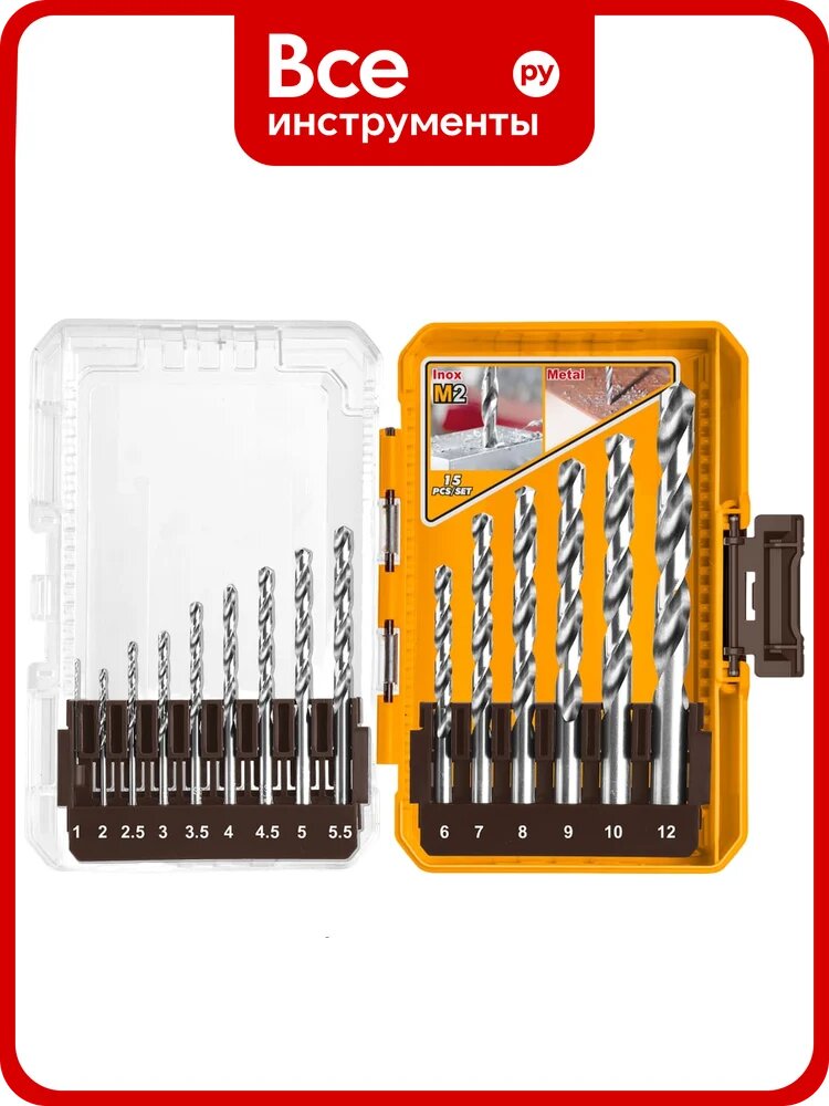 Набор сверл INGCO INDUSTRIAL AKDL51508, HSS-M2, по металлу, 1-12 мм, 15 штук