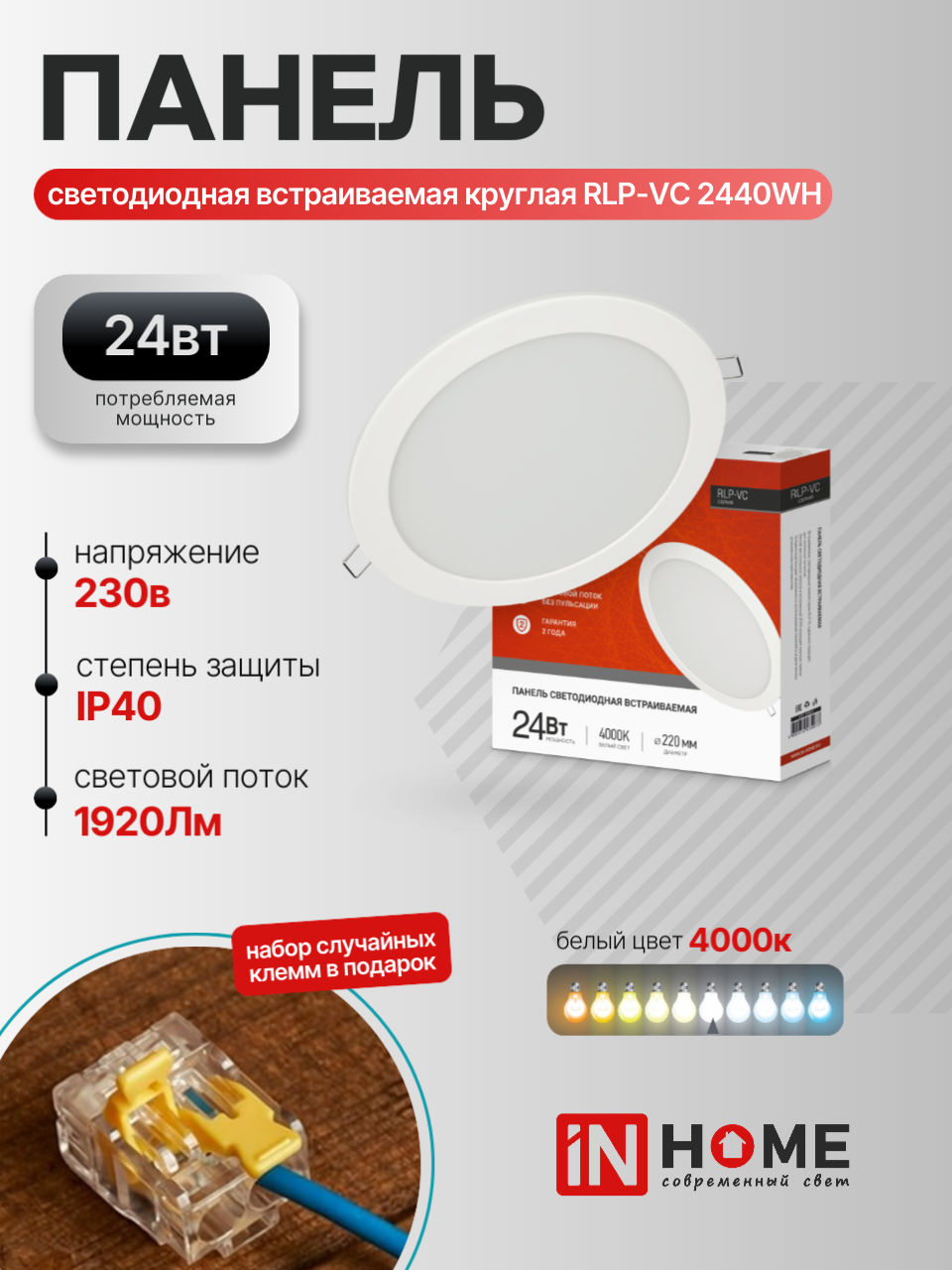 Панель светодиодная встраиваемая круглая RLP-VC 24Вт 230В 4000К 1920Лм 220мм белая IP40 IN HOME
