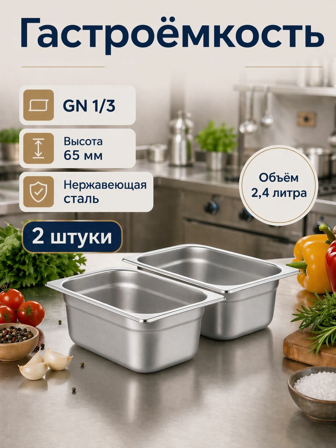 Гастроемкость GN 1/3 65 мм, набор 2 шт, нержавеющая сталь