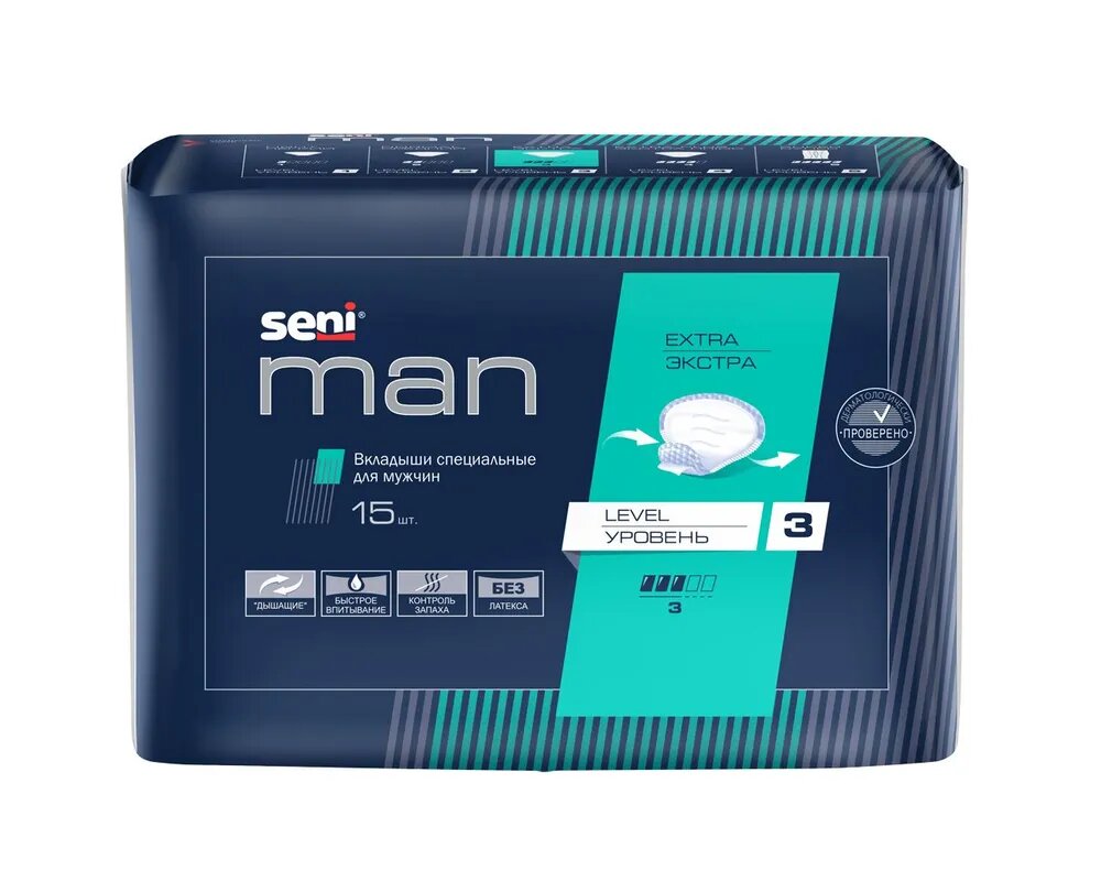 Вкладыши специальные для мужчин seni man в размере EXTRA LEVEL 3 (экстра уровень 3)/ прокладки мужские, 15 шт.