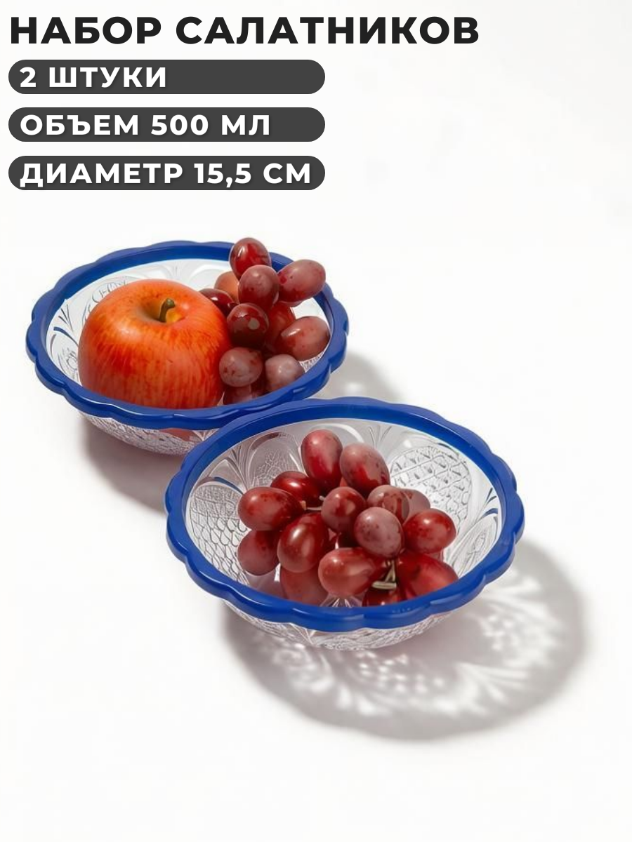 Набор пластиковых салатников 2 шт по 0,5 л, сервировочная миска для кухни, 15,5 см, прозрачный/синий