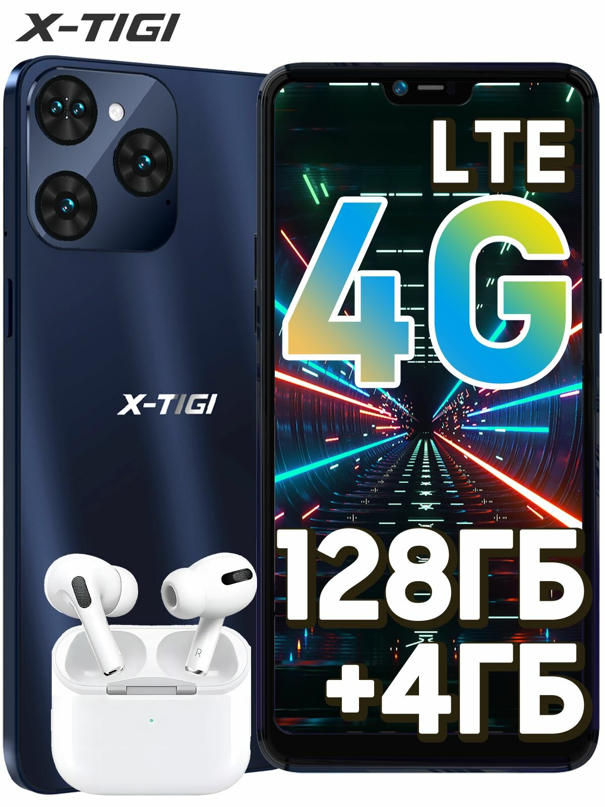 Generic Смартфон X-TIGI, с Bluetooth-наушниками, 2025 Android, 4G LTE, FHD+-экран с защитой глаз 4/128 ГБ, Nano-SIM, темно-синий