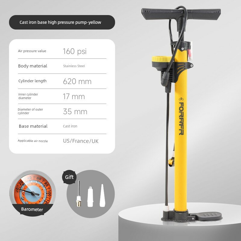Улучшенный велосипедный насос с чугунной подставкой 160PSI, желтый цвет, подходит для велосипедов и автомобилей
