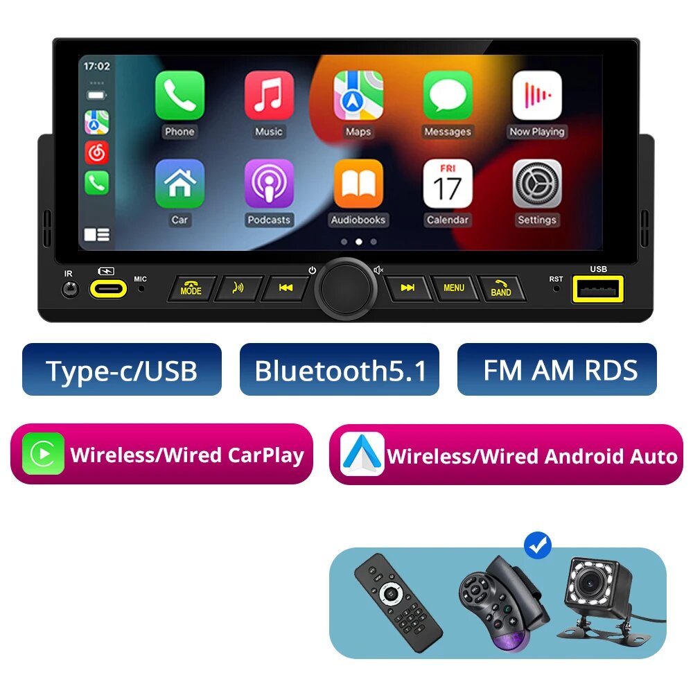 Автомагнитола IPS 6.86" 1Din с беспроводным CarPlay и Android Auto, поддержкой Type-C USB, Bluetooth, FM, RDS, MP5-плеер, 60Wx4, универсальная автомобильная стереосистема