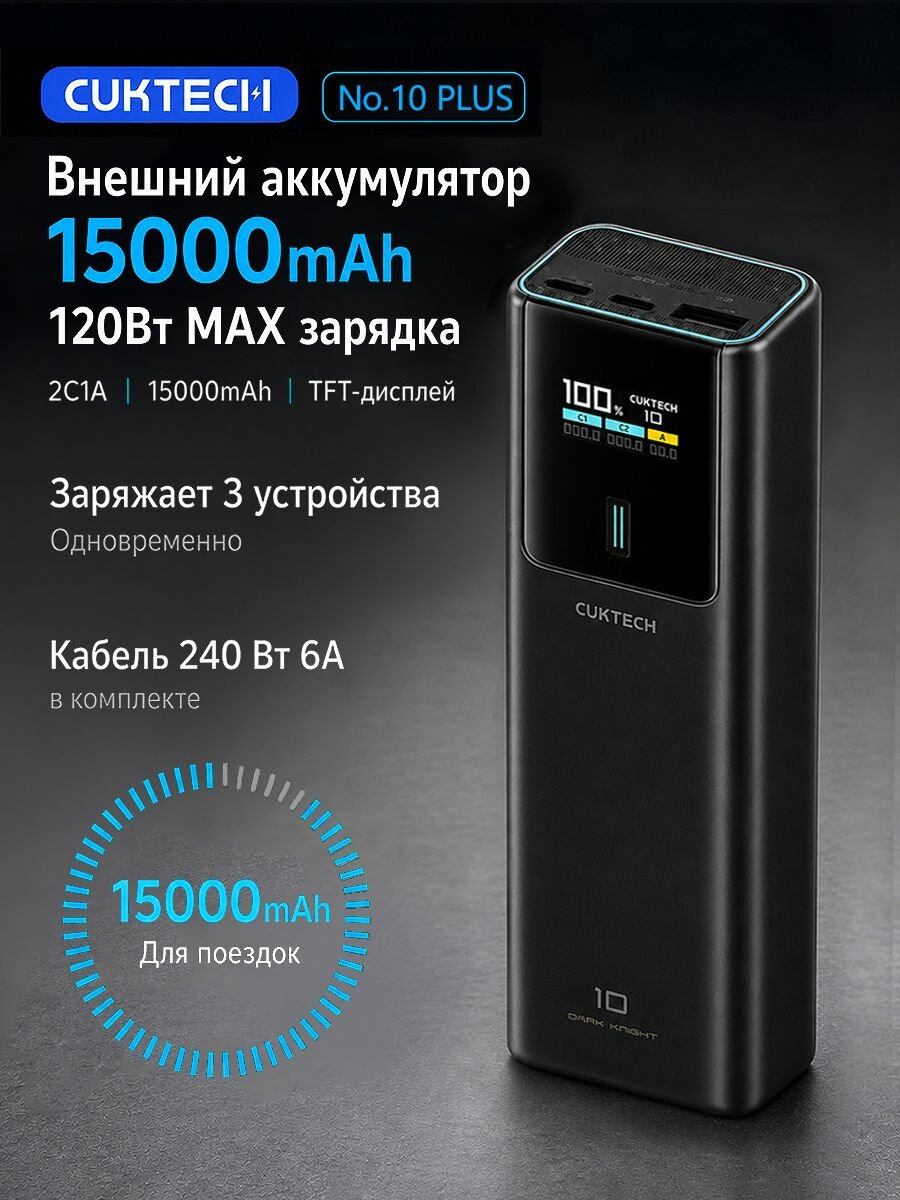 Cuktech Внешний аккумулятор Повербанк CUKTECH 10 Power Bank Plus PB150P 15000 мАч, внешний аккумулятор 120 Вт, Type-C, USB-A, быстрая зарядка, TFT-дисплей, для ноутбука и телефона，черный, 15000 мАч, 120 Вт, черный