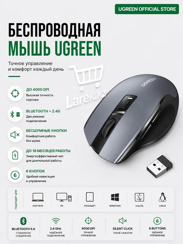 Беспроводная оптическая мышь UGREEN MU006 (90545), 2.4GHz, до 4000DPI, 6 кнопок, USB-ресивер, черная