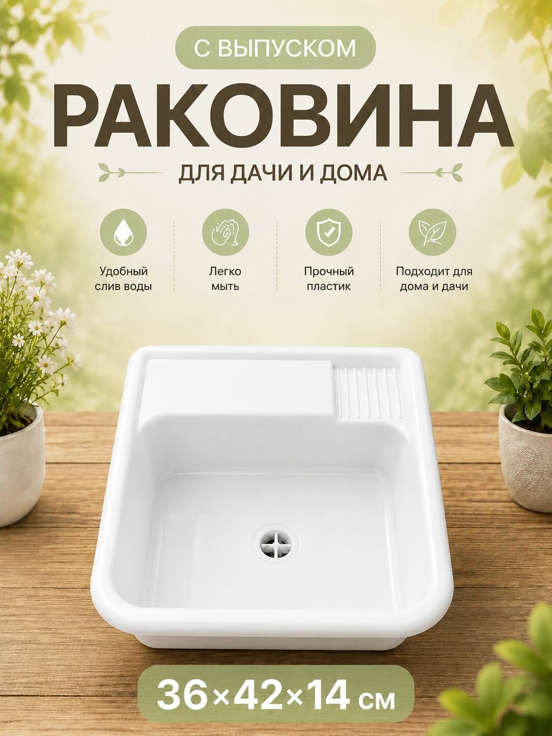Раковина пластиковая, белого цвета: функциональное решение для ванной комнаты, кухни, бани, дачи, огорода, гаража. Размер: 360х420х140 мм.