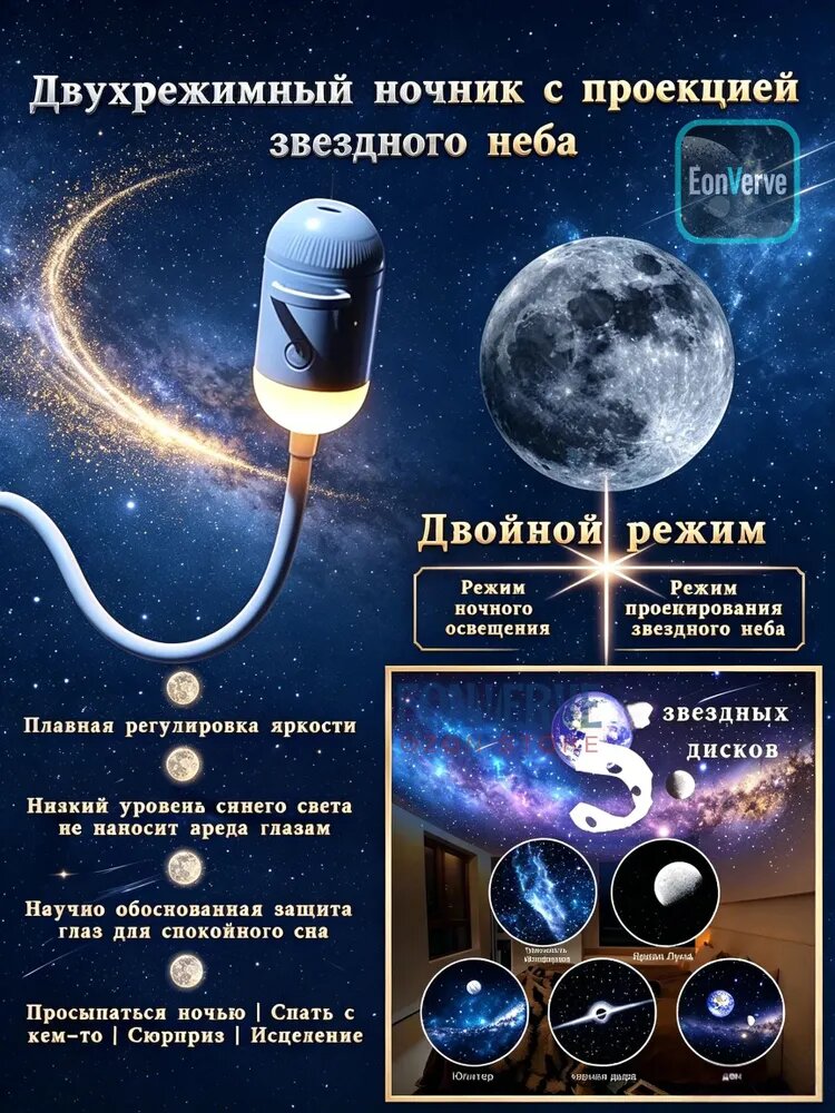Ночник с проекцией звёздного неба, Мини-проектор , 5 слайдаB