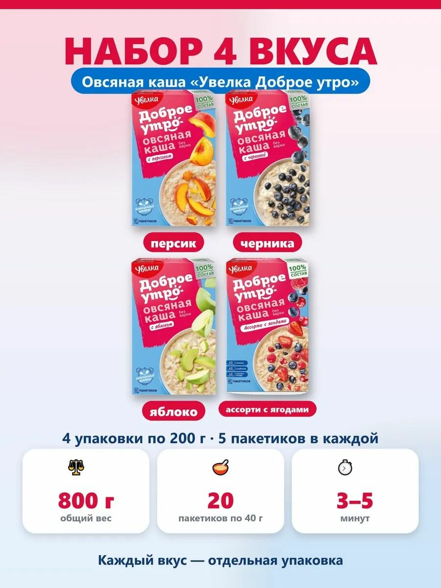 Овсяная каша быстрого приготовления Увелка Доброе утро, набор вкусов: персик, черника, яблоко, ассорти с ягодами