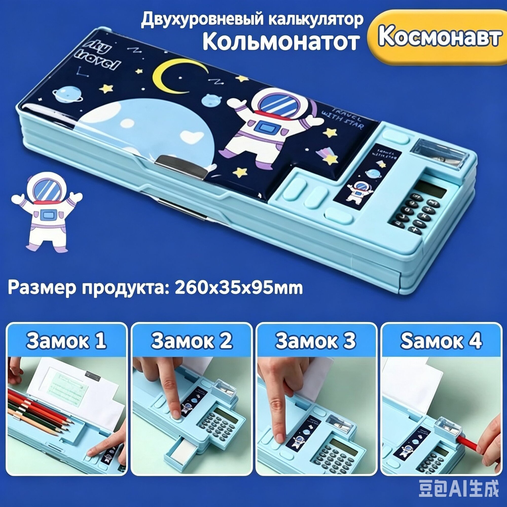 Многофункциональный пеналкосмонавт в черном цвете с магнитной застежкой и калькулятором на кнопке, бестселлер большой емкости, 1 штука