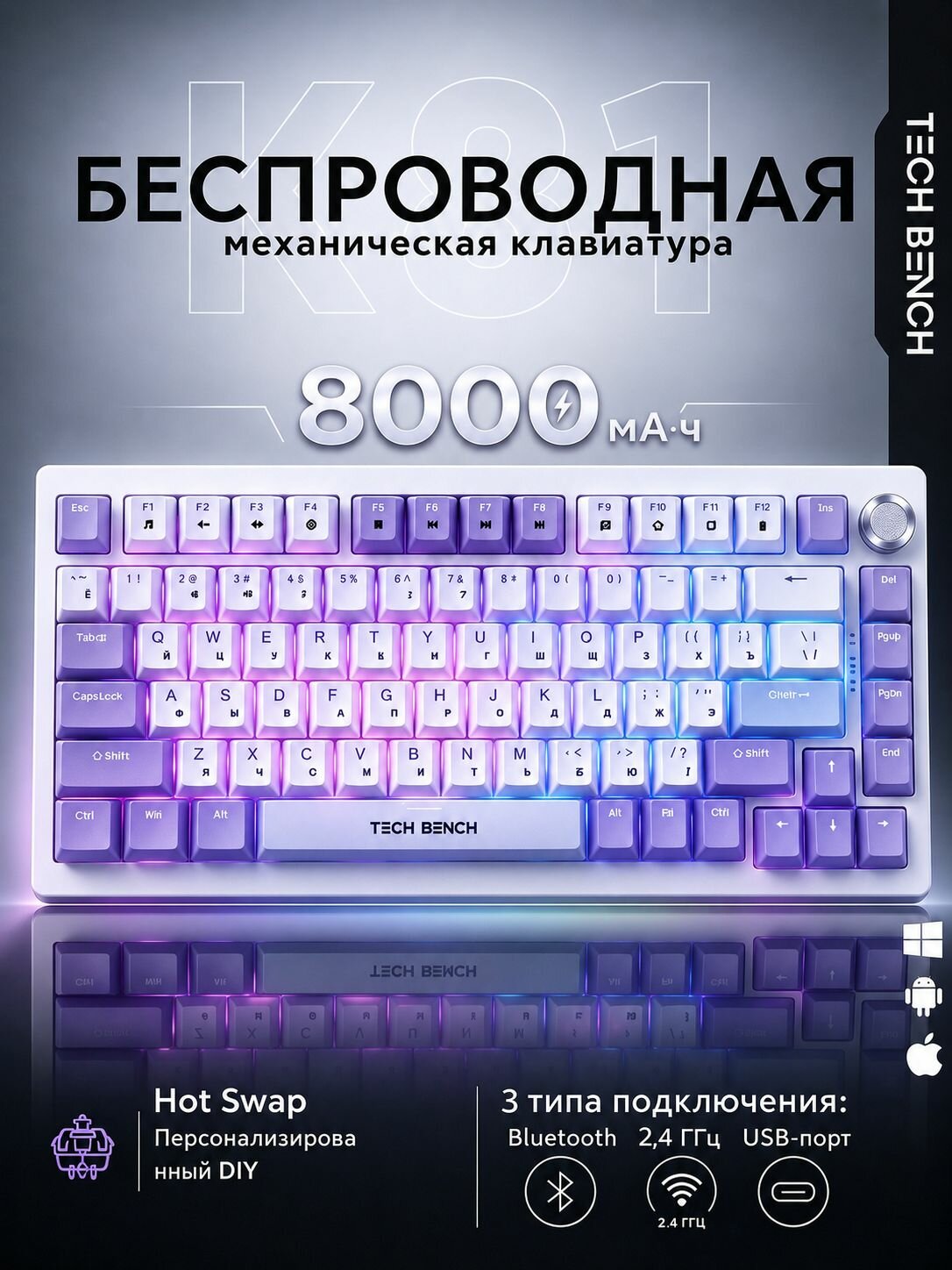 Механическая беспроводная клавиатура для компьютера игровая 75% с подсветкой, русская раскладка.