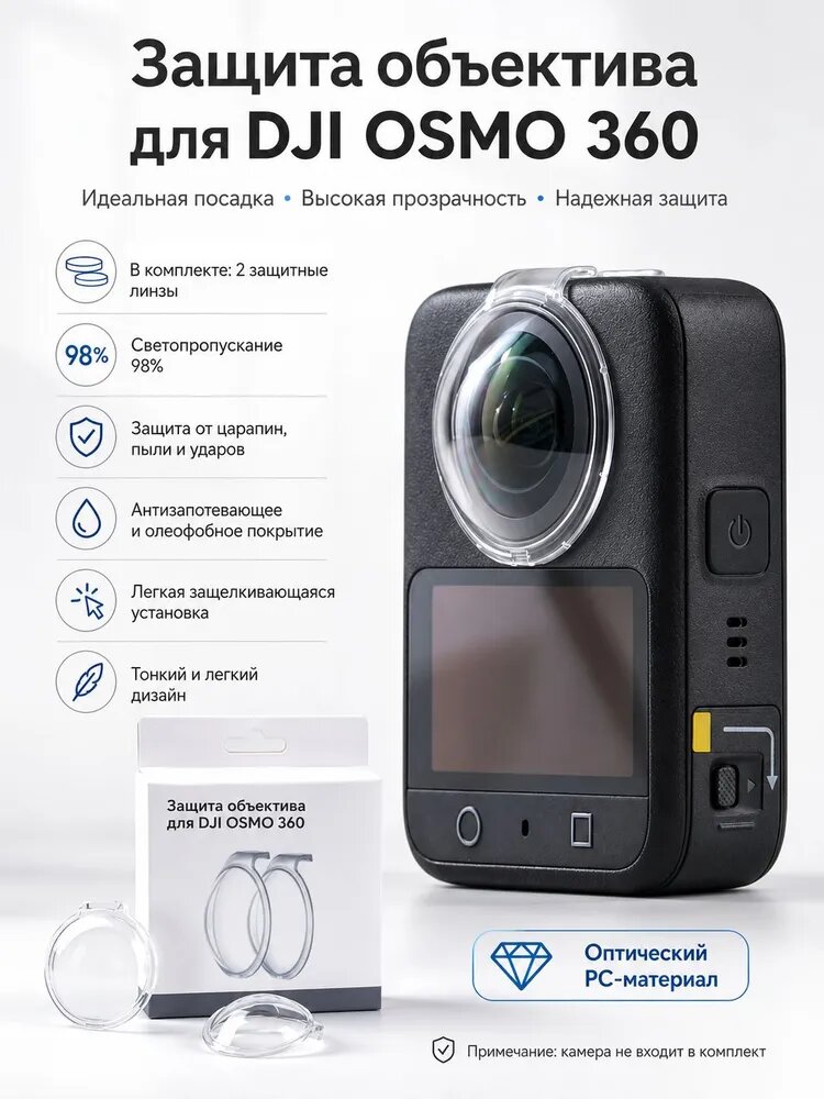Защитные линзы для (DJI Osmo 360), комплект 2 шт, защита объектива от царапин, пыли и ударов, антифог, антиблик, HD прозрачность