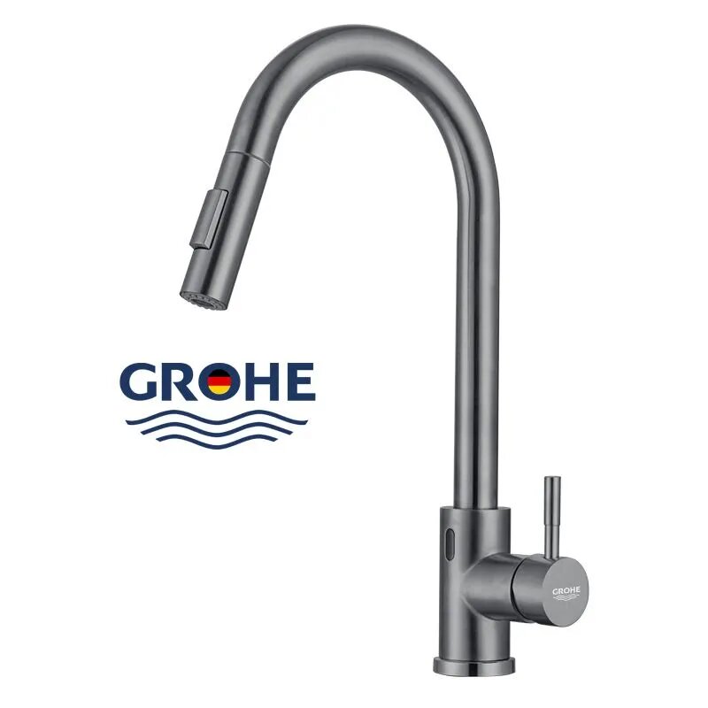 Кухонный смеситель GROHE Smart Sensor с выдвижным изливом. Смеситель для раковины с подачей горячей и холодной воды.