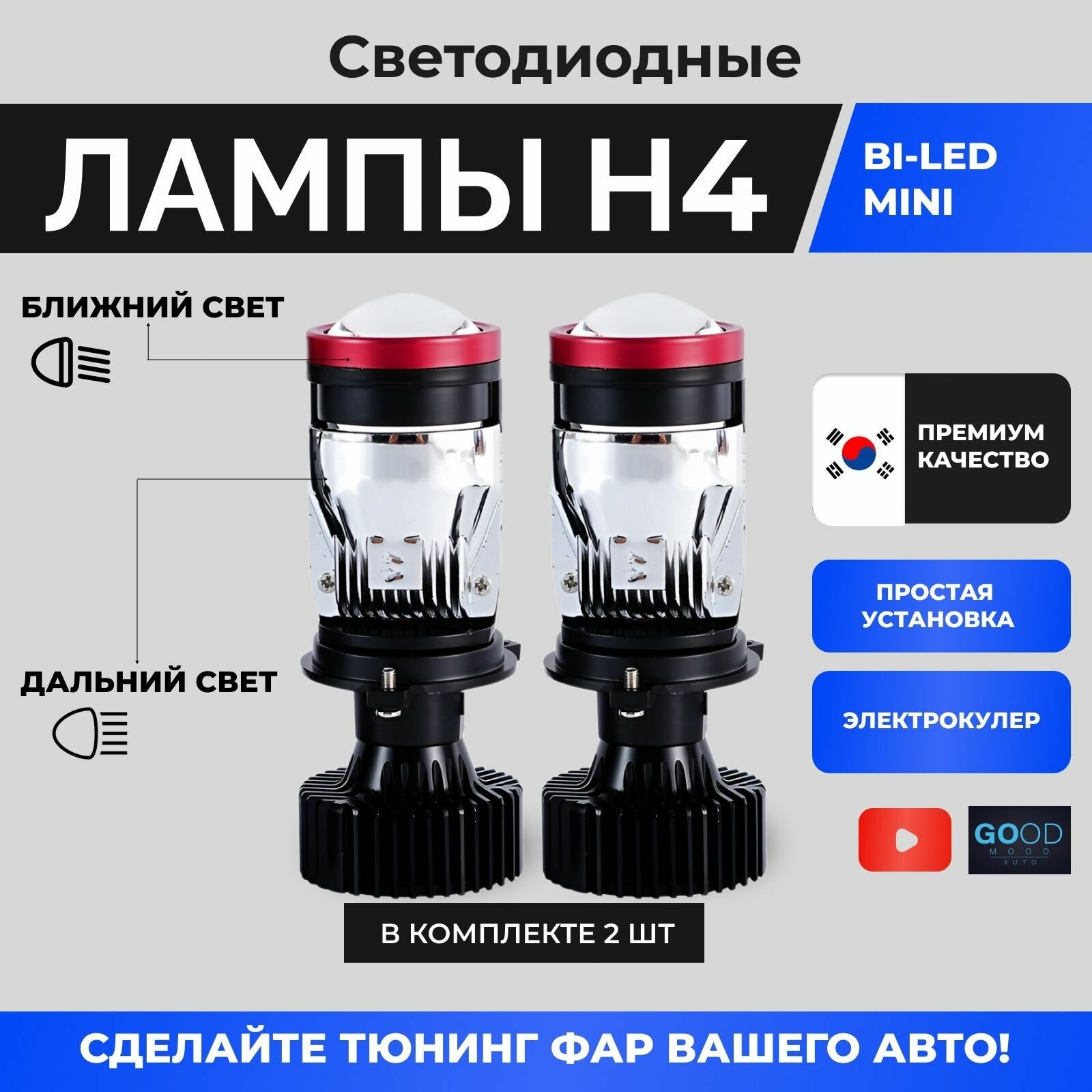 Лампа автомобильная H19, H4, 2 шт. арт. Y7D H4 H19, bi-led,6000K,2шт