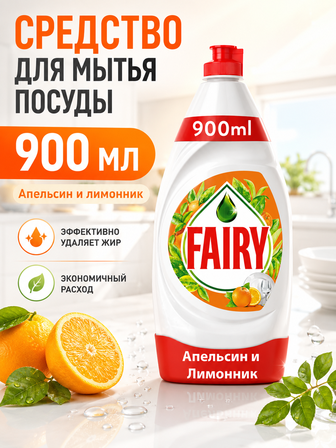 Средство для мытья посуды Fairy "Апельсин и лимонник", 900 мл