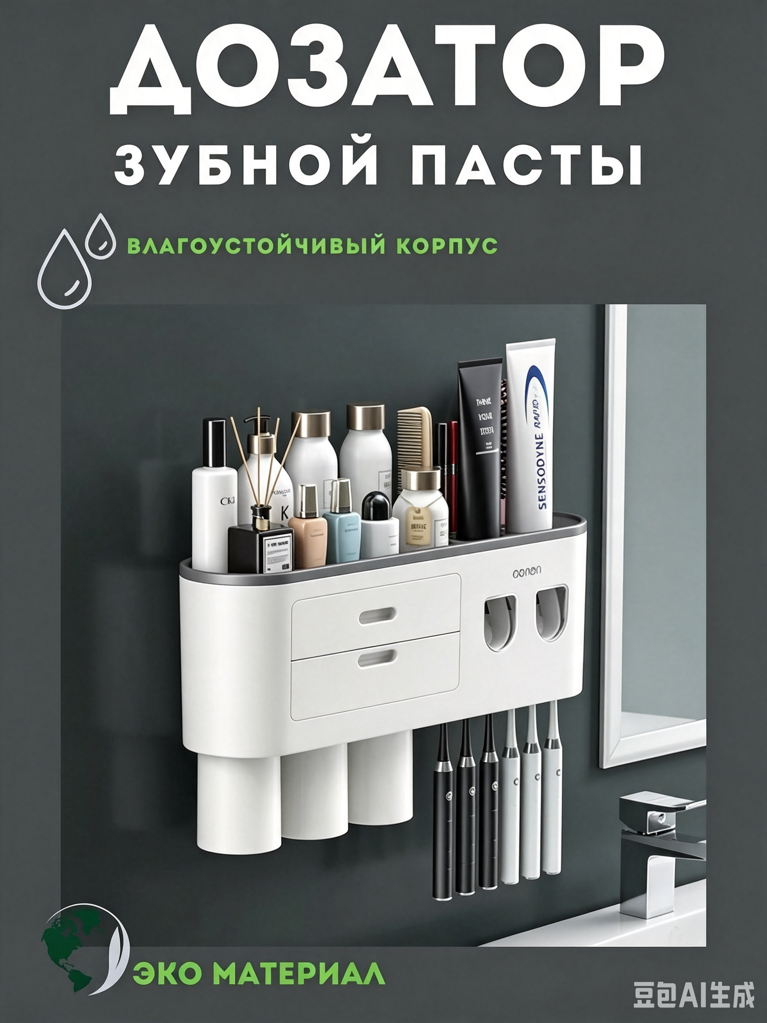 Дозатор Marmuss, органайзер для зубной пасты и щеток с полкой и выдвижным ящиком, три стаканчика, две зубные пасты