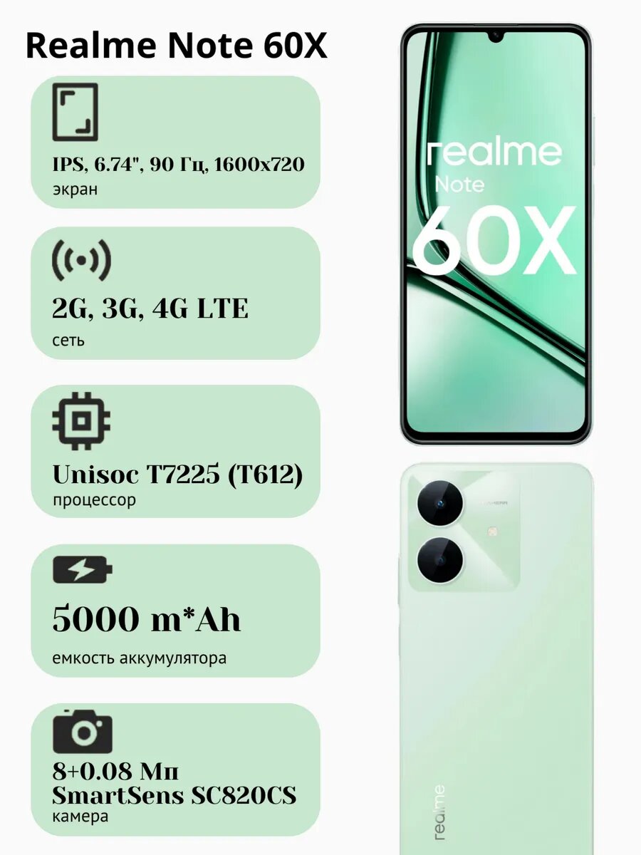 Смартфон realme Note 60x 4 ГБ/128 ГБ Зеленый Ростест, экран 6.74" IPS