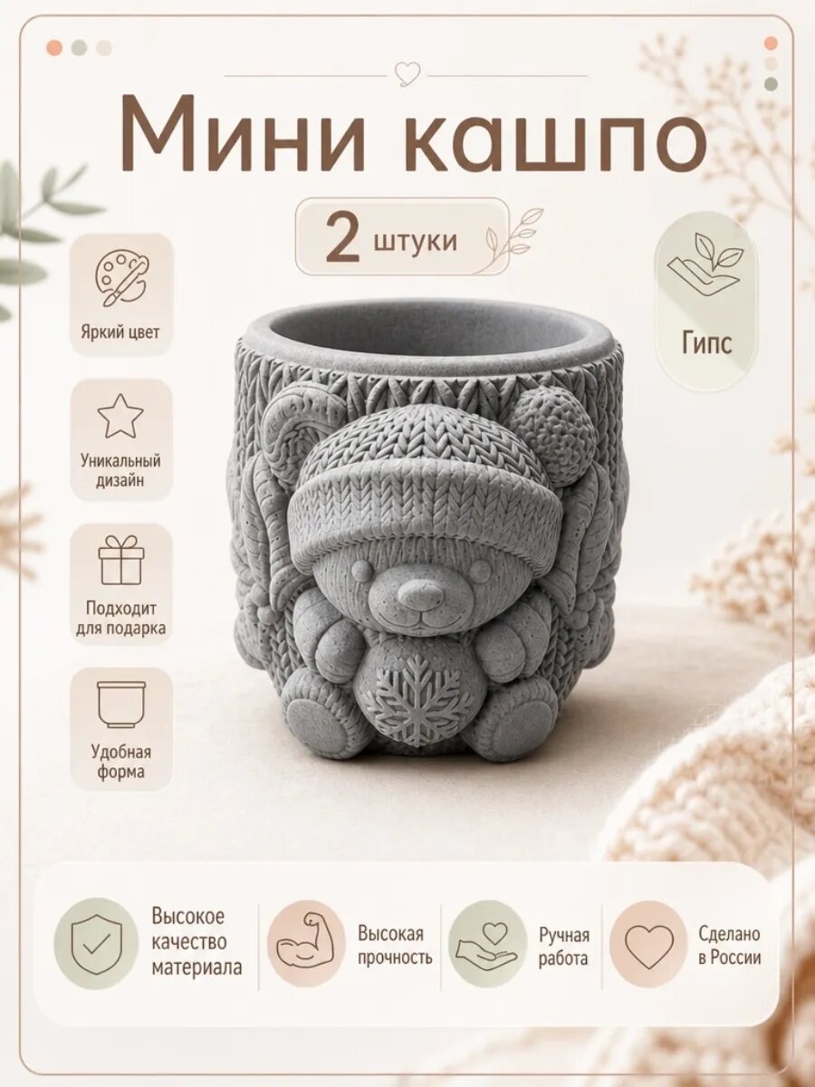 Мини кашпо для цветов и свечей мишка 2 штуки