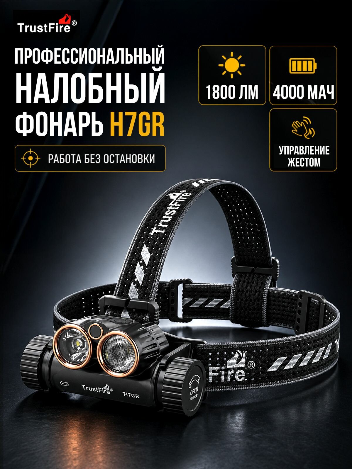 Налобный фонарь TrustFire H7GR, 1800лм, IPX6, Li-ion 21700, чёрный
