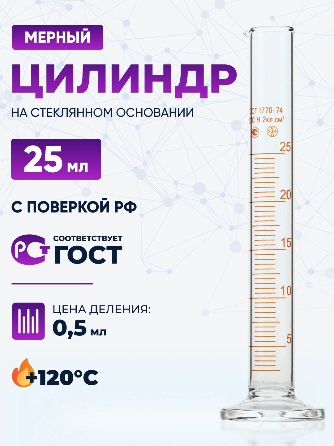 Цилиндр мерный 25 мл (на стеклянном основании) 1-25-2 / емкость мерная для лаборатории измерительная посуда