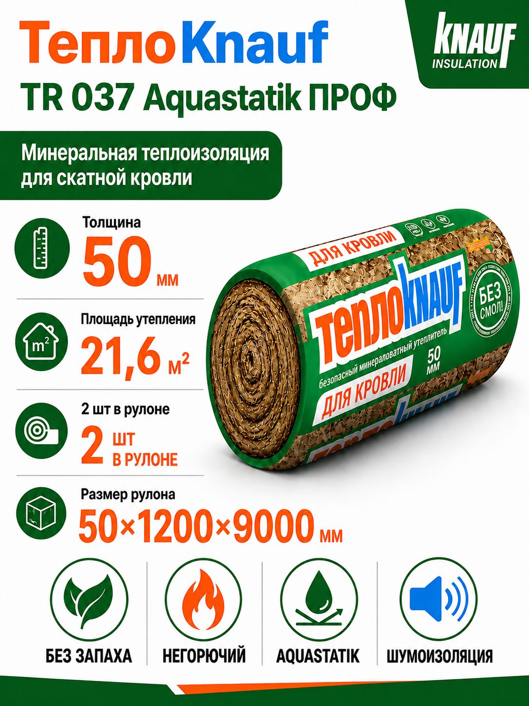 ТеплоKNAUF TR 037 Перекрытие 50 мм ( 1 УП. / 21,6 м2 / 2 шт.) Кнауф Aquastatik, минеральная вата, утеплитель для перекрытий