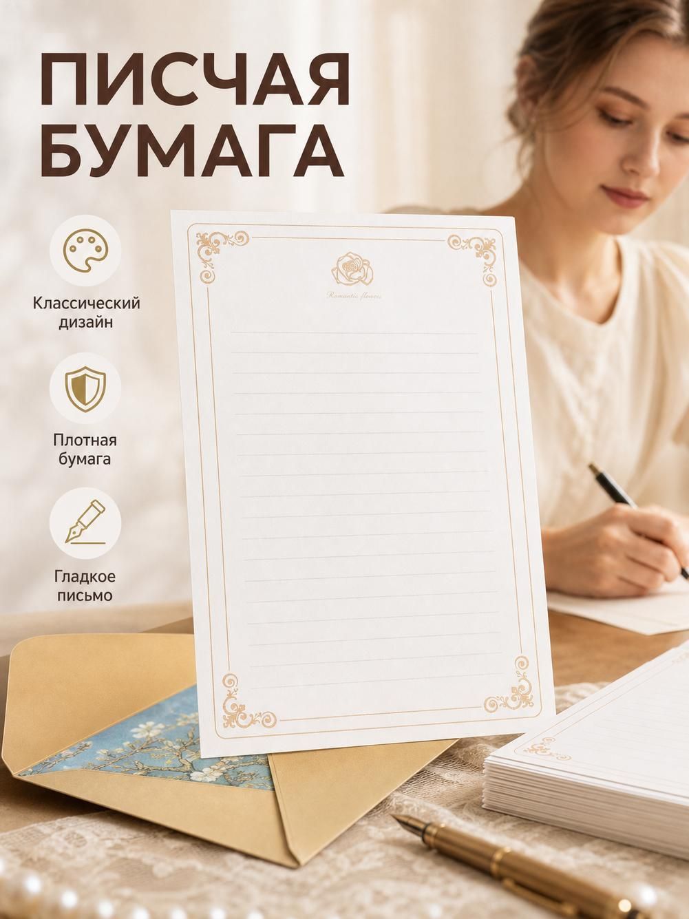 Набор писчей бумаги формата А5 с золотым узором, плотные листы для писем и дневника 10 штук