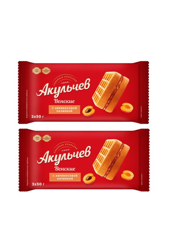 Акульчев Вафли мягкие Венские с абрикосом, 100 гр, 2 шт