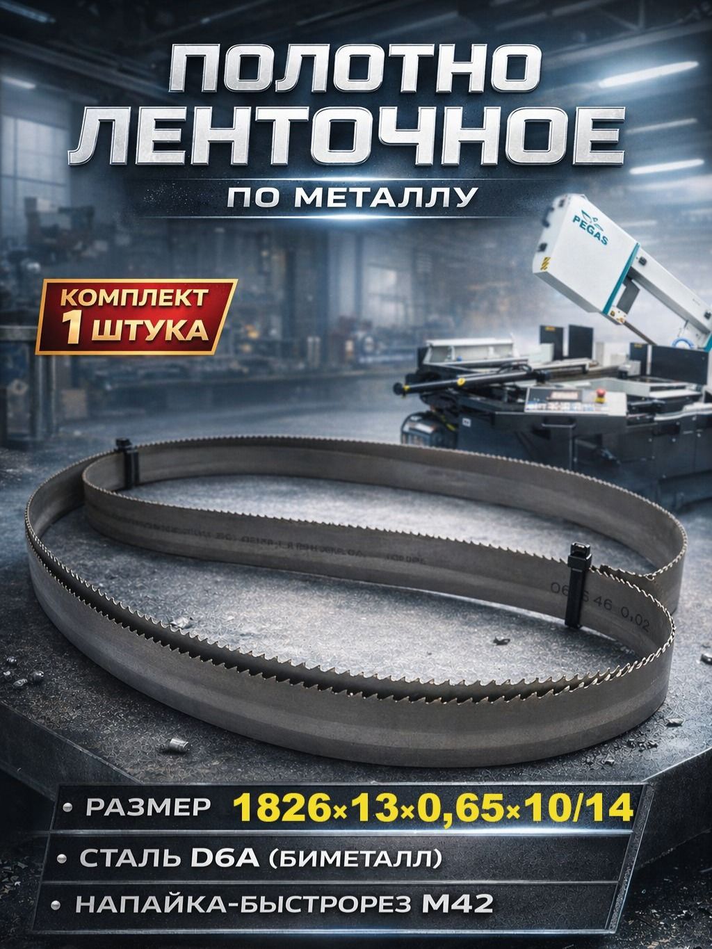 1 шт. Ленточная пила M42 1826х13х0,65x10/14 по металлу, высокопрочная сталь D6A (Bimetal)