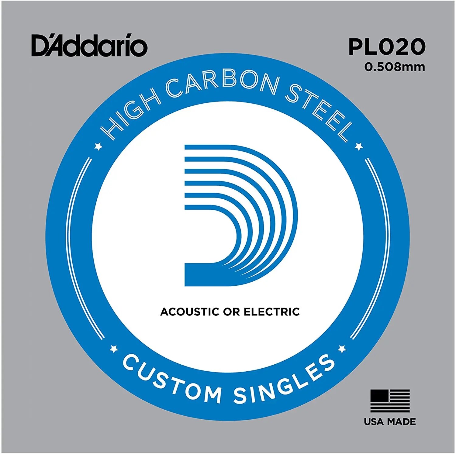 Струна для акустической и электрогитары D'Addario PL020 High Carbon Steel Custom Singles, сталь, калибр 20