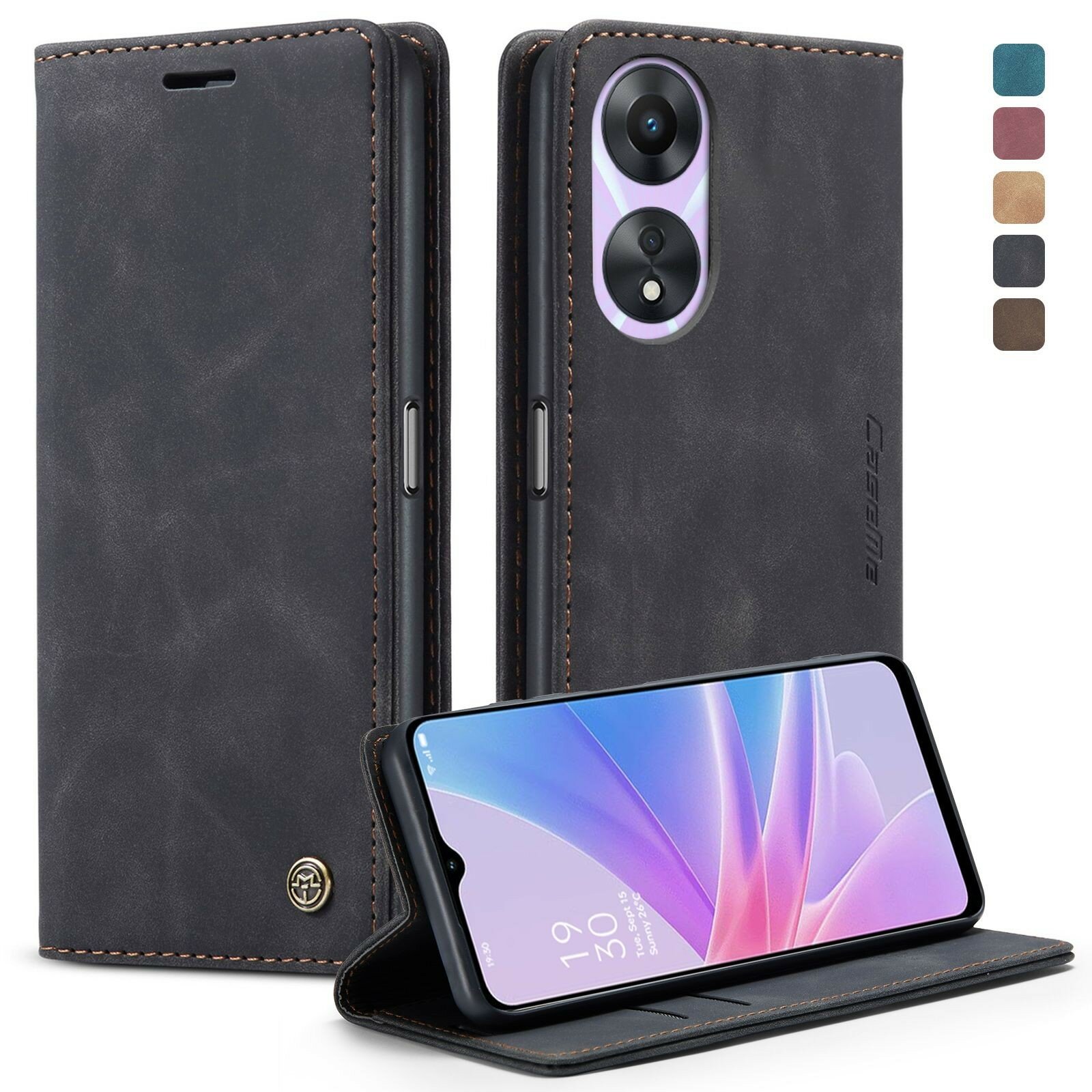 Чехол-книжка MyPads для Oppo A78 5G, черный, искусственная кожа, магнитное крепление