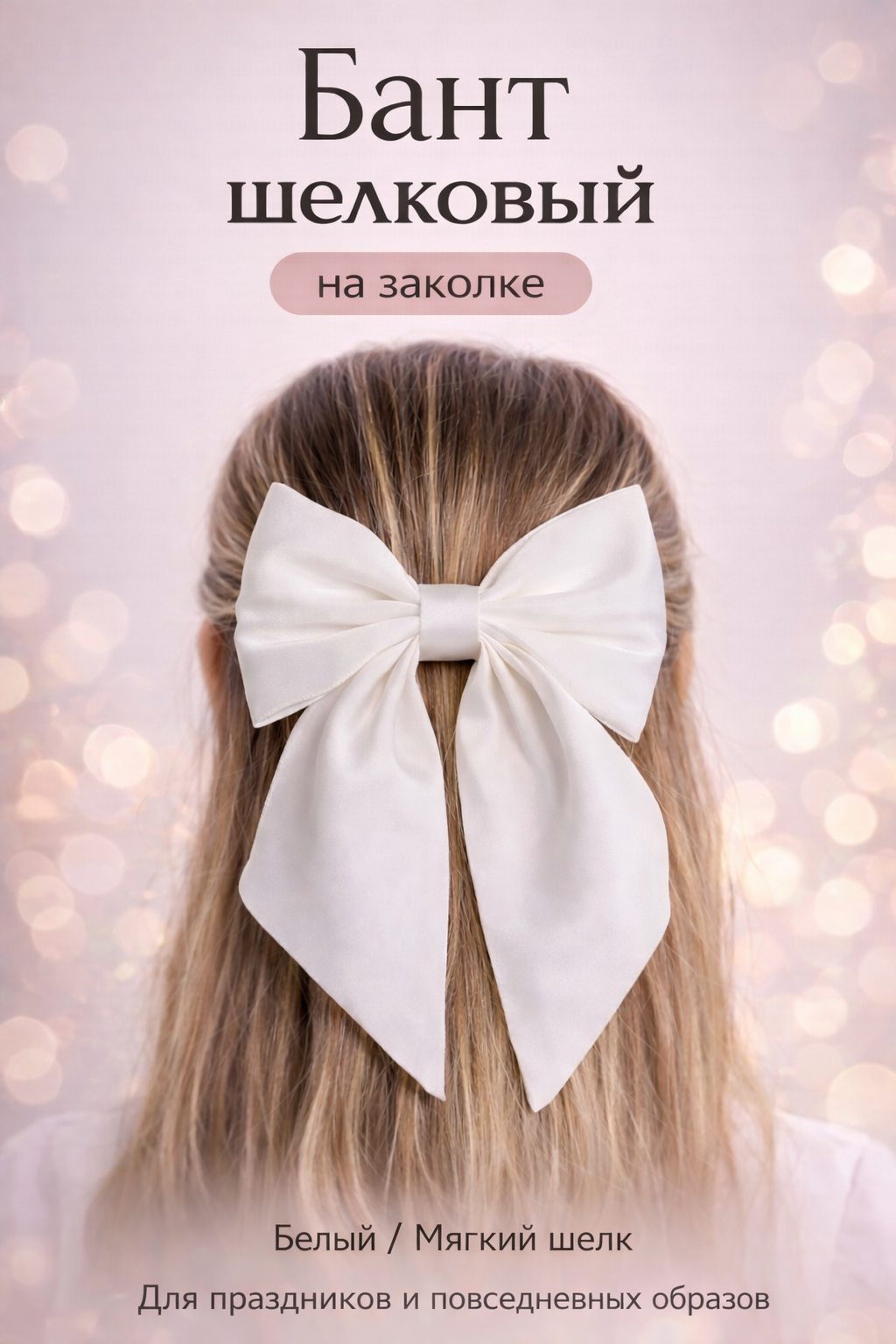 Бант школьный шелковый, на заколке, для девочек, белый, 1 штука