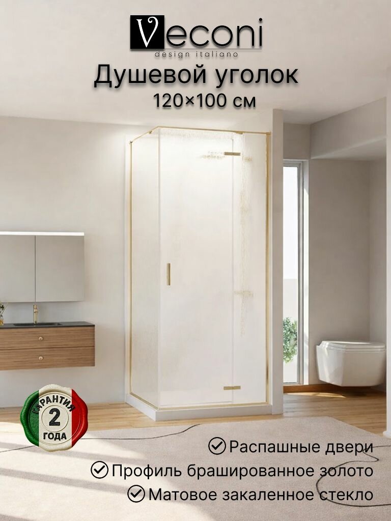 Душевой уголок Veconi Rovigo RV073RG/R, 120х100 стекломатовое(дождь), профиль брашированное золото RV073RG/R-120100-01-C4