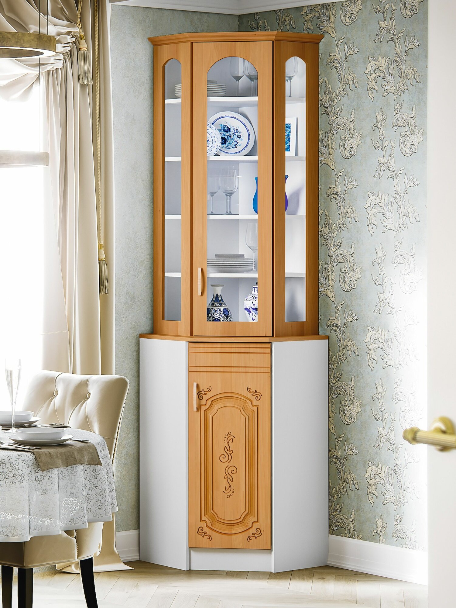 Буфет для кухни Лиза 2, угловой кухонный шкаф витрина для посуды напольный с фасадами МДФ, 58х58х225 см, Ольха матовый/Белый