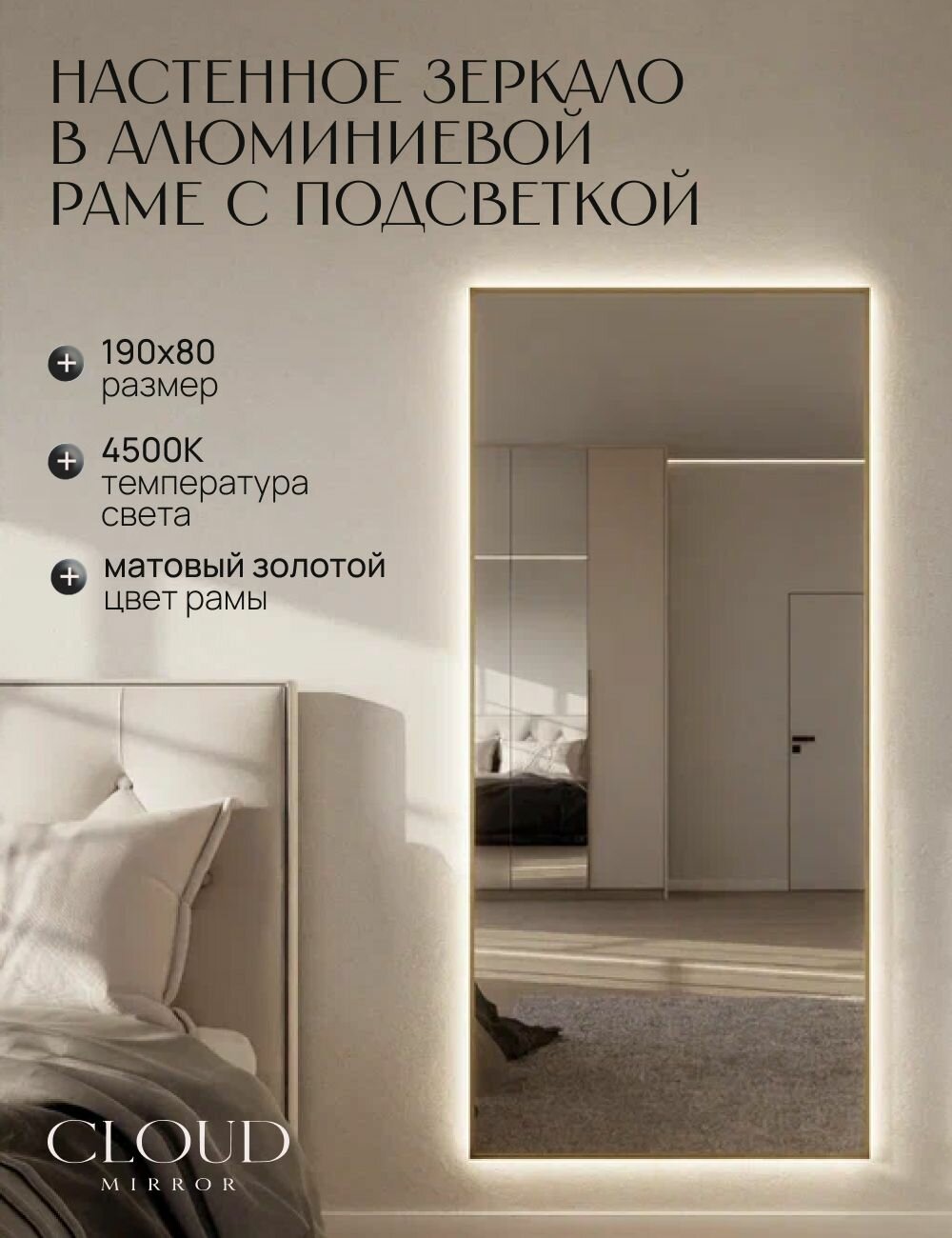 Зеркало 190х80 см. CLOUD MIRROR с подсветкой в алюминиевой раме настенное. Свет: Нейтральный белый 4500К, Золото