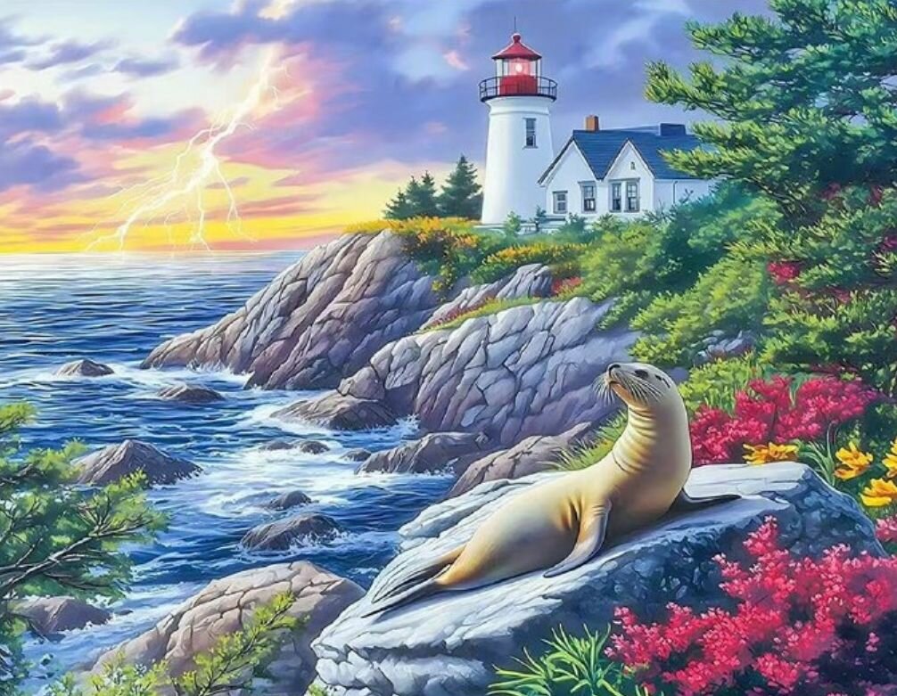 Алмазная мозаика на подрамнике 40*50 "Морской котик у маяка"