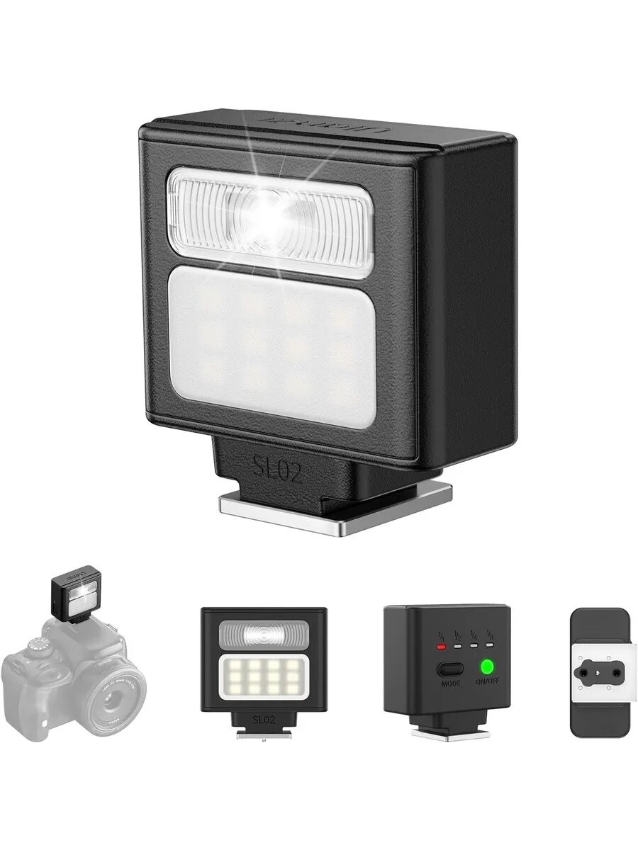 Вспышка для камеры ULANZI SL02 с подсветкой для видеосъемки, мини-вспышка Speedlite с ведущим числом 8 и цветовой температурой 6500 К, 4 уровня мощности, совместима с Sony ZV-1/ZV-E10, Canon, Nikon, Fuji, Panasonic, Leica, Olympus,