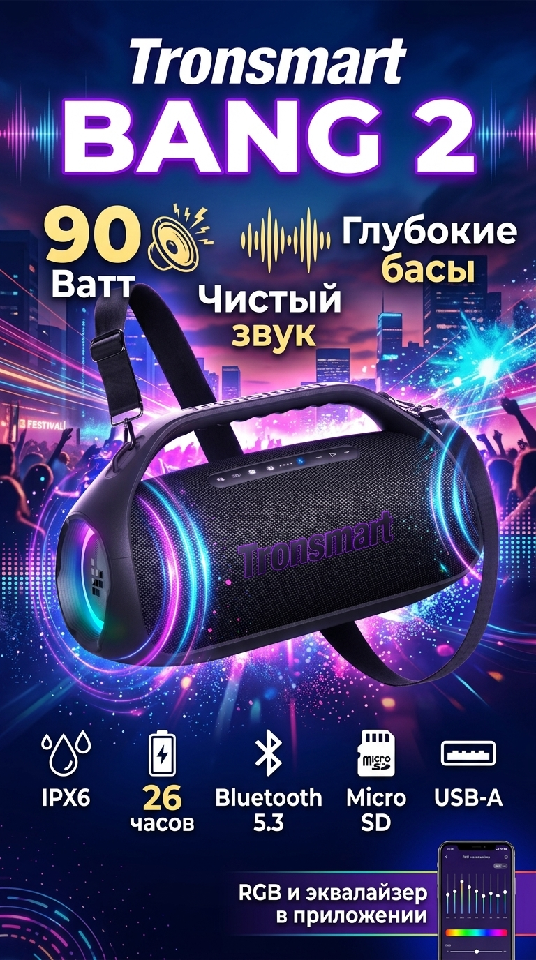 Мощная беспроводная портативная колонка 90Вт Tronsmart Bang 2, Супер-басы, Сабвуфер 66Вт, Гарантия 6 мес