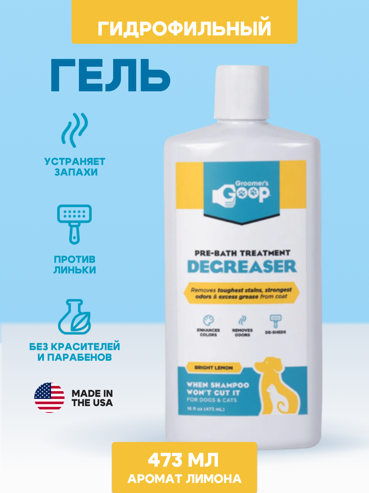 Гидрофильный гель Groomer's Goop с ароматом лимона для предварительного обезжиривания всех типов шерсти 473 мл