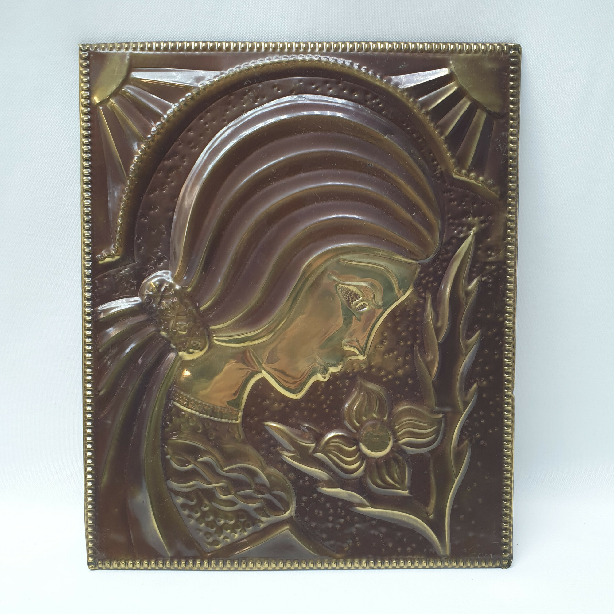 Винтажное панно Девушка с цветком чеканка 24х29 СССР