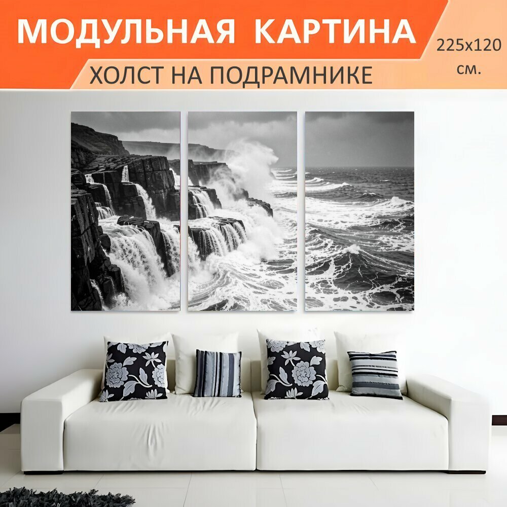Модульная картина на холсте "Бурное море у скал. Черно-белая морская сцена с мощными волнами, разбивающимися о суровые утесы и." триптих на подрамнике 225х120 см. для интерьера